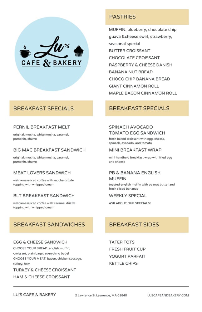 Lu's Cafe & Bakery Menu