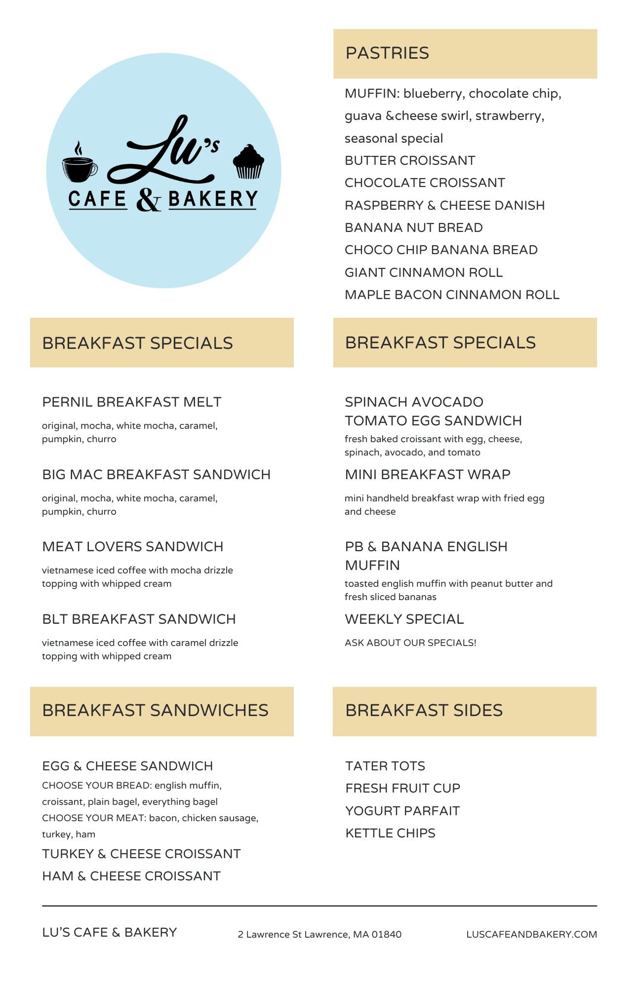 Lu's Cafe & Bakery Menu