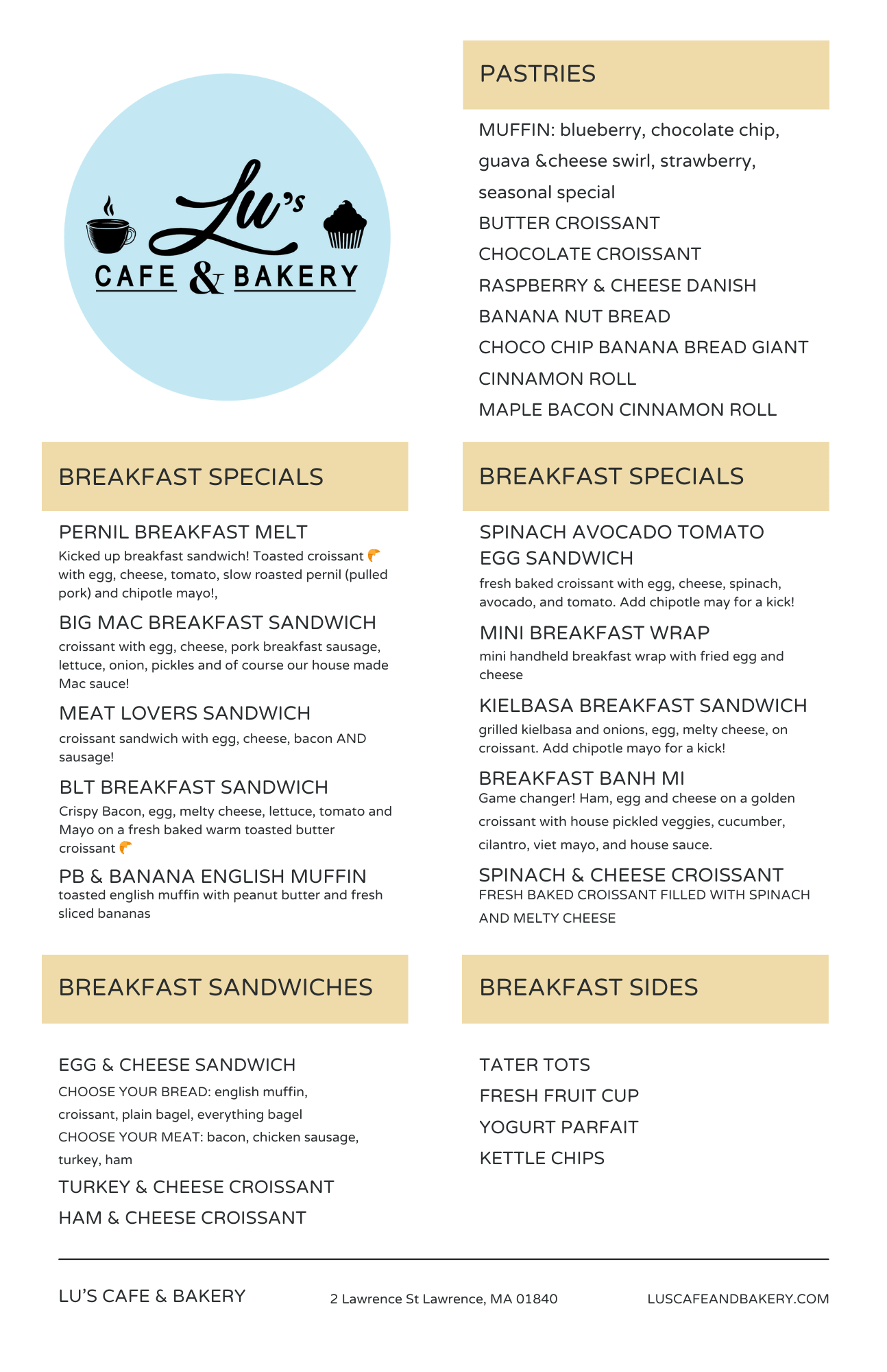 Lu's Cafe & Bakery Menu