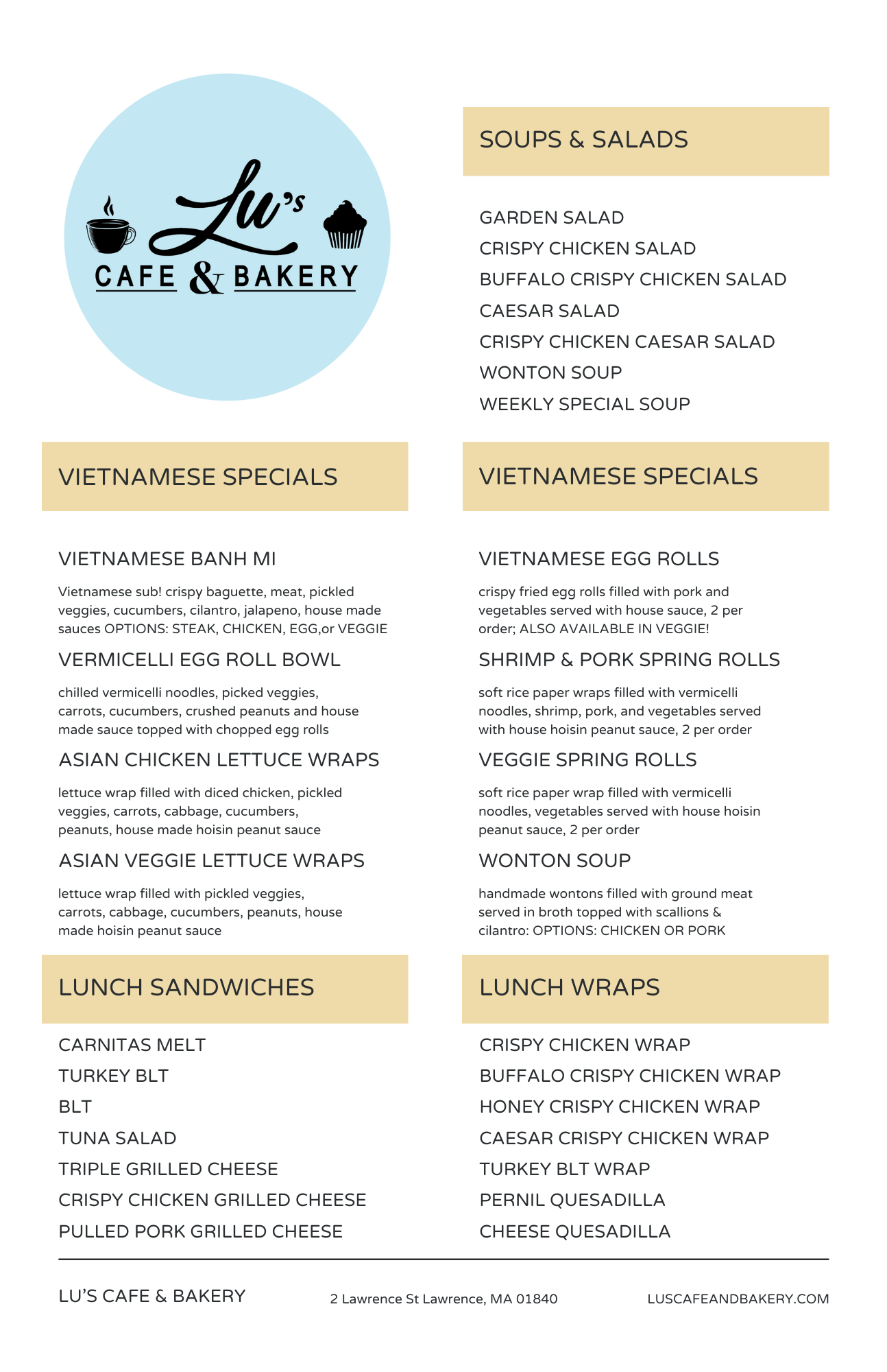 Lu's Cafe & Bakery Menu