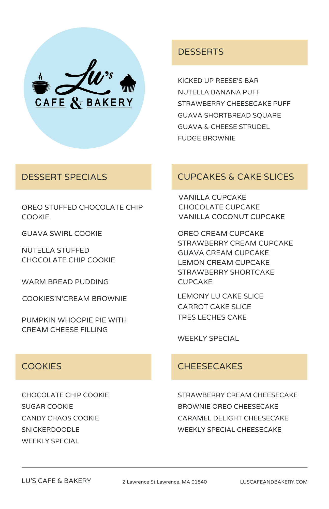 Lu's Cafe & Bakery Menu